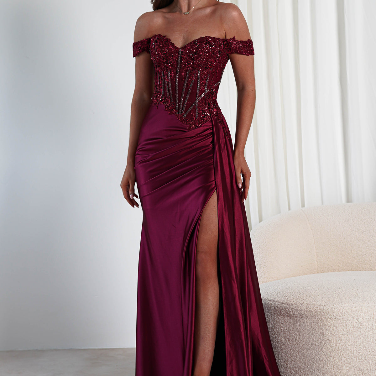 Marsela Lace Bodice Gown | Burgundy | Debs & Prom | Formal Gown – Oh ...