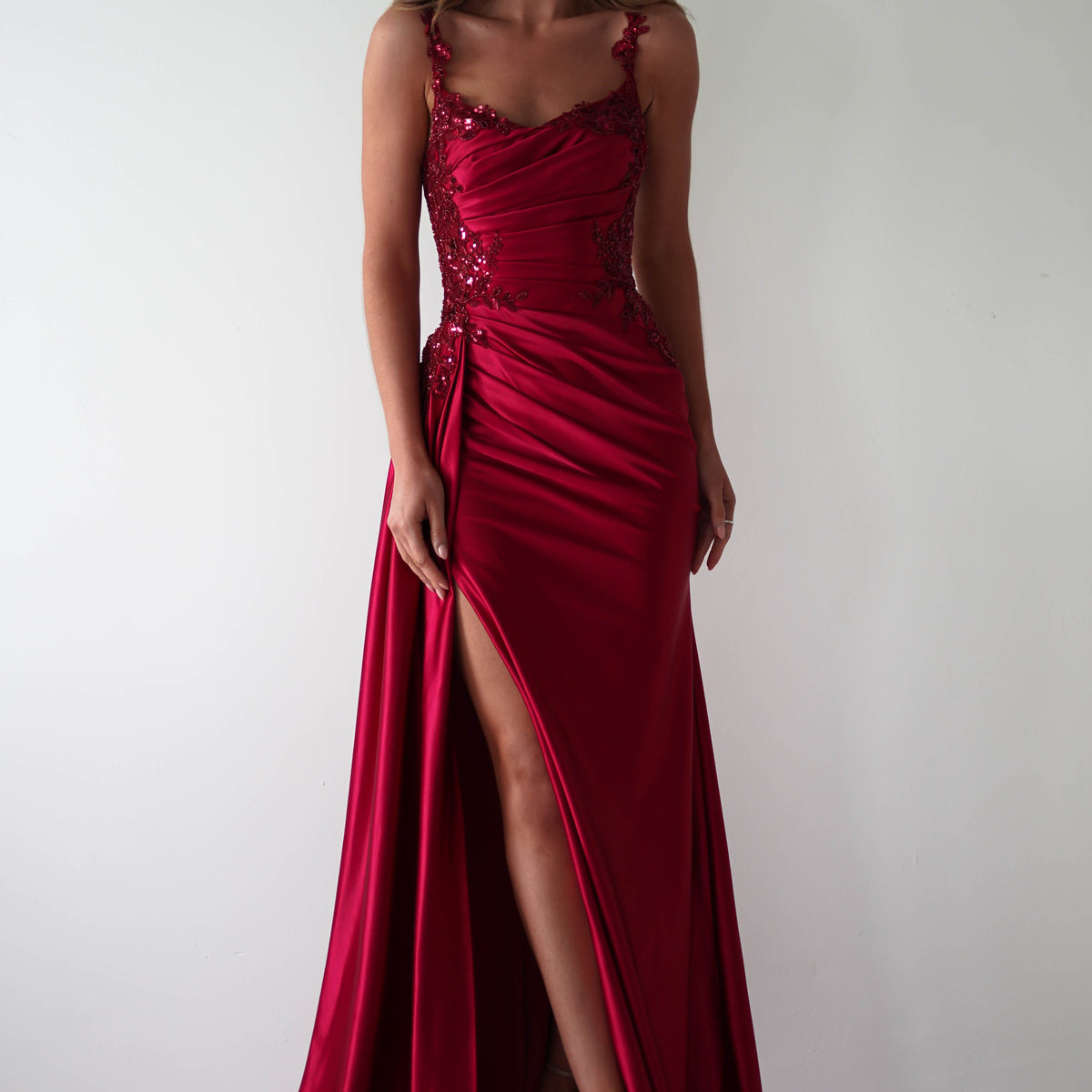 Cindy Pleated Bodice Gown | Burgundy | Debs & Prom | Formal Gown – Oh ...