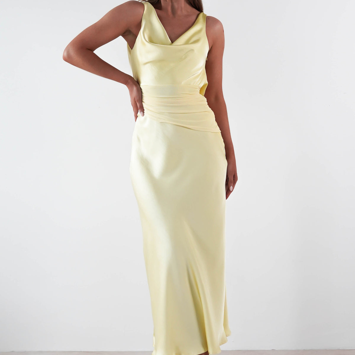 Thea Mesh Midriff Soft Satin Maxi Dress Yellow | Wedding Guest Dress ...