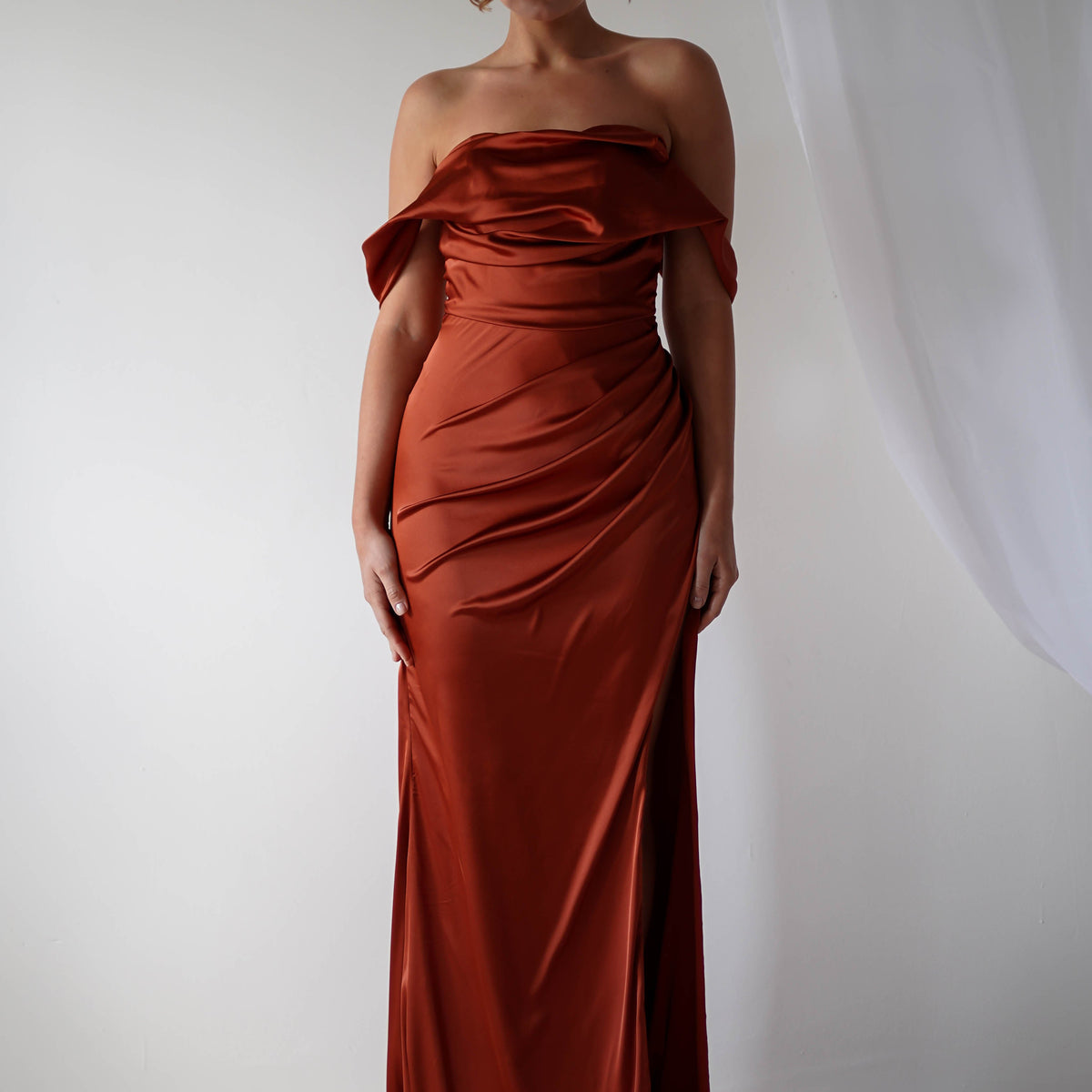 Beth Draped Silky Satin Gown | Rust | Debs & Prom | Formal Gown – Oh ...