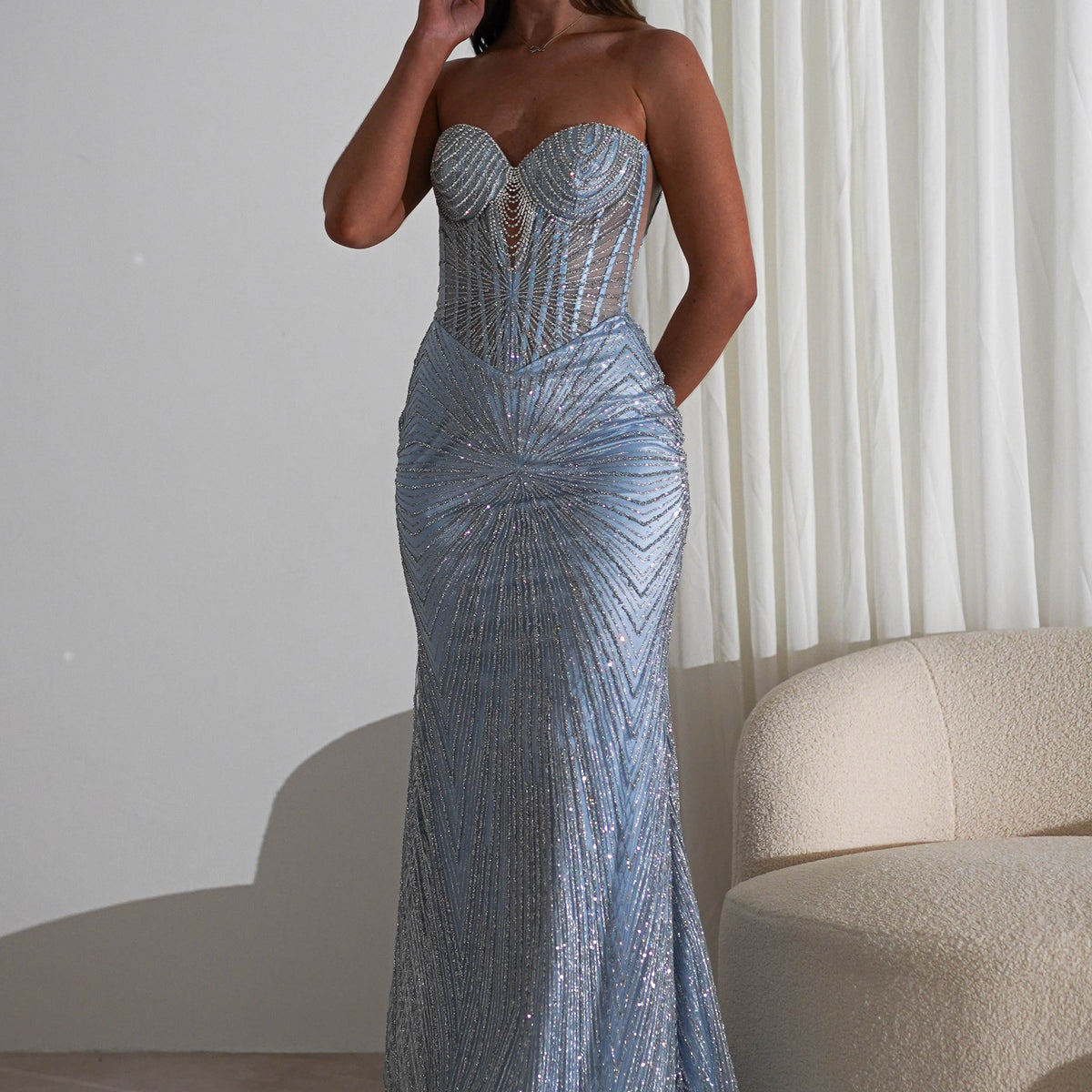 Elyse Glitter Strapless Gown | Light Blue/Silver | Debs & Prom | Formal ...